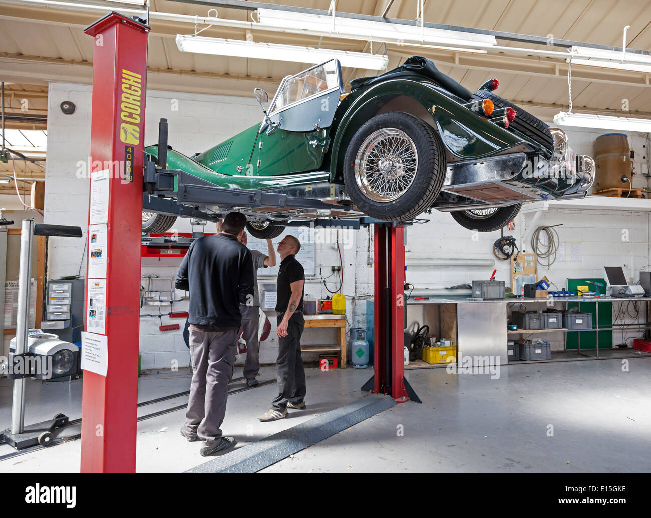 Final inspection of a finished Morgan car on a car ramp at the Morgan ...