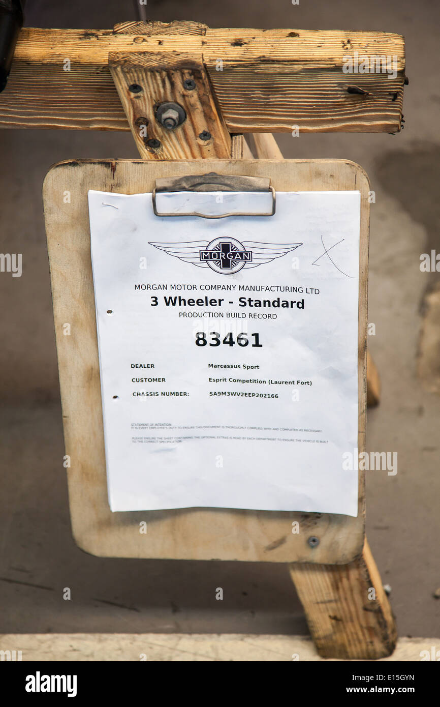 A production build record sheet on the production line at Morgan Motors ...