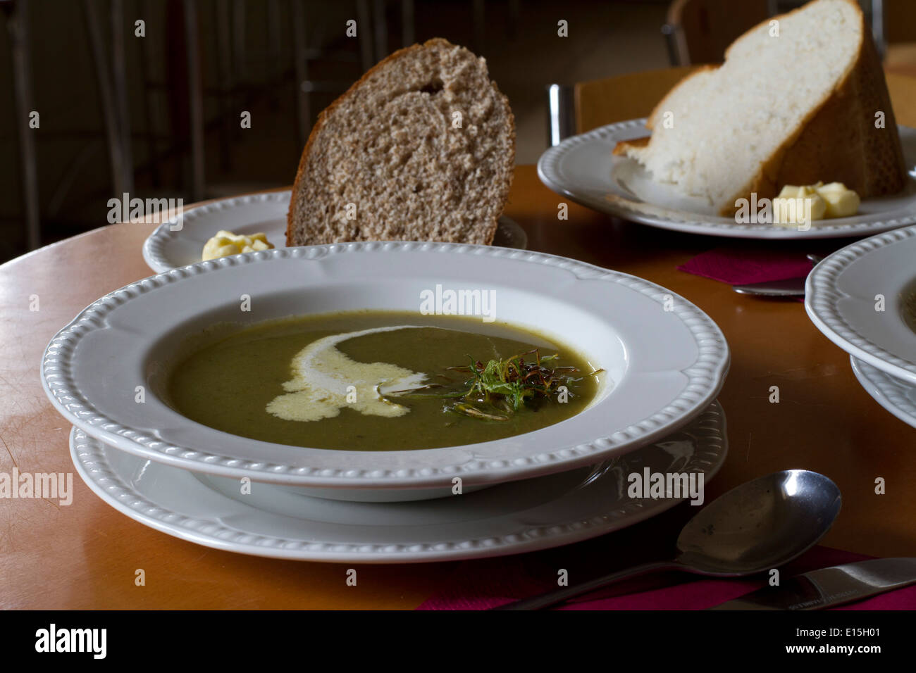 A plate of soup on a table in the Stables restaurant, Tatton Park ...
