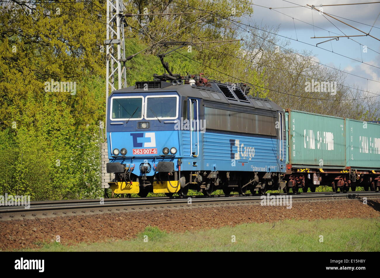 Electric locomotive with freight wagons, Pardubice, Czech Republic ...