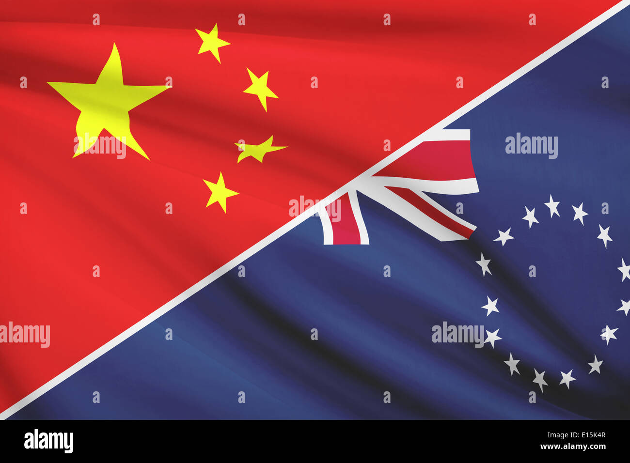 Flags of China and Cook Islands blowing in the wind. Part of a series ...