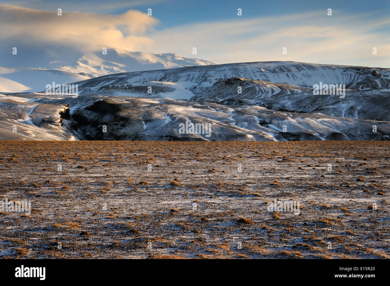 Icelandic landscape with view on the Hekla volcano and frozen lava ...