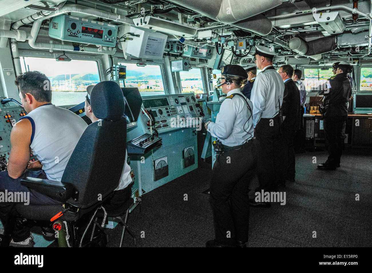 Belfast, Northern Ireland. 23 May 2014 - Officers on the bridge con the ...