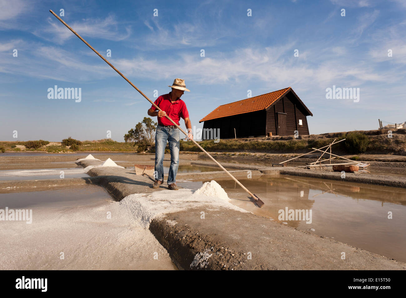 Salt-marsh worker collecting salt Stock Photo - Alamy