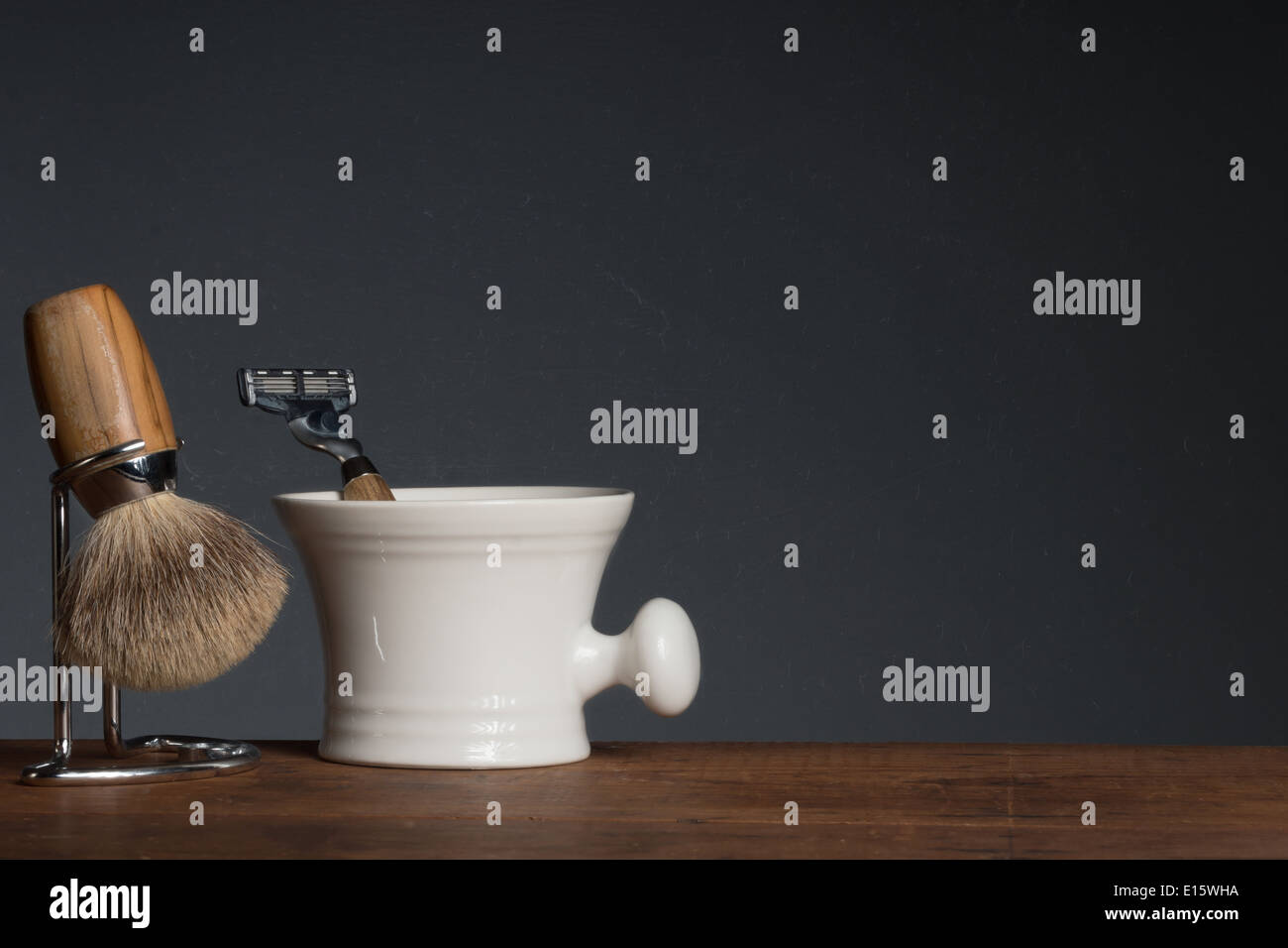 Shaving Tool on wooden Table and black Background Stock Photo - Alamy