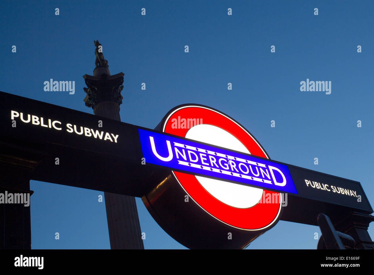 Trafalgar Square Tube subway Underground station and public subway sign ...