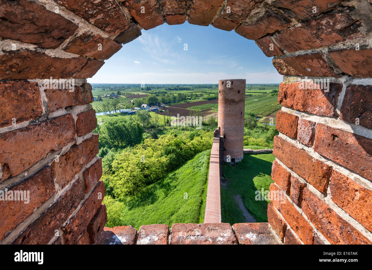 Looking out at Mazovian Plain from Gate Tower embrasure at medieval ...
