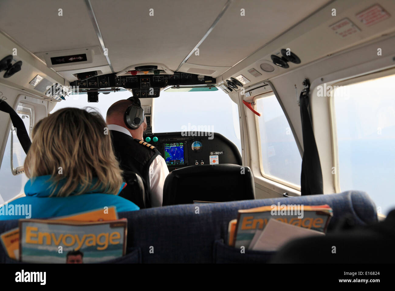 9132. Trilander aircraft interior in flight, Alderney, Channel Islands ...