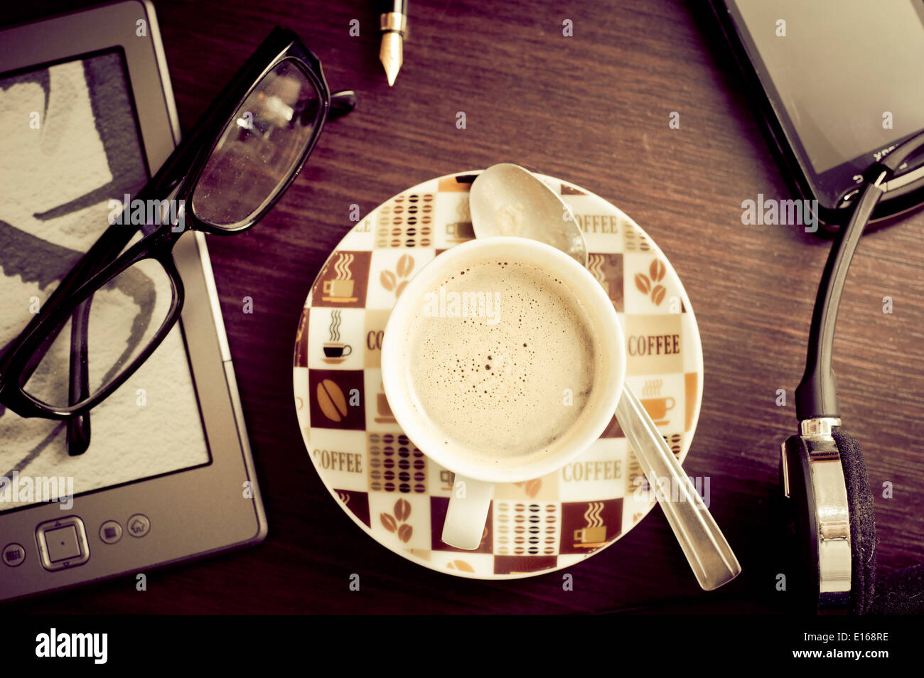 espresso coffee with objects around it Stock Photo - Alamy