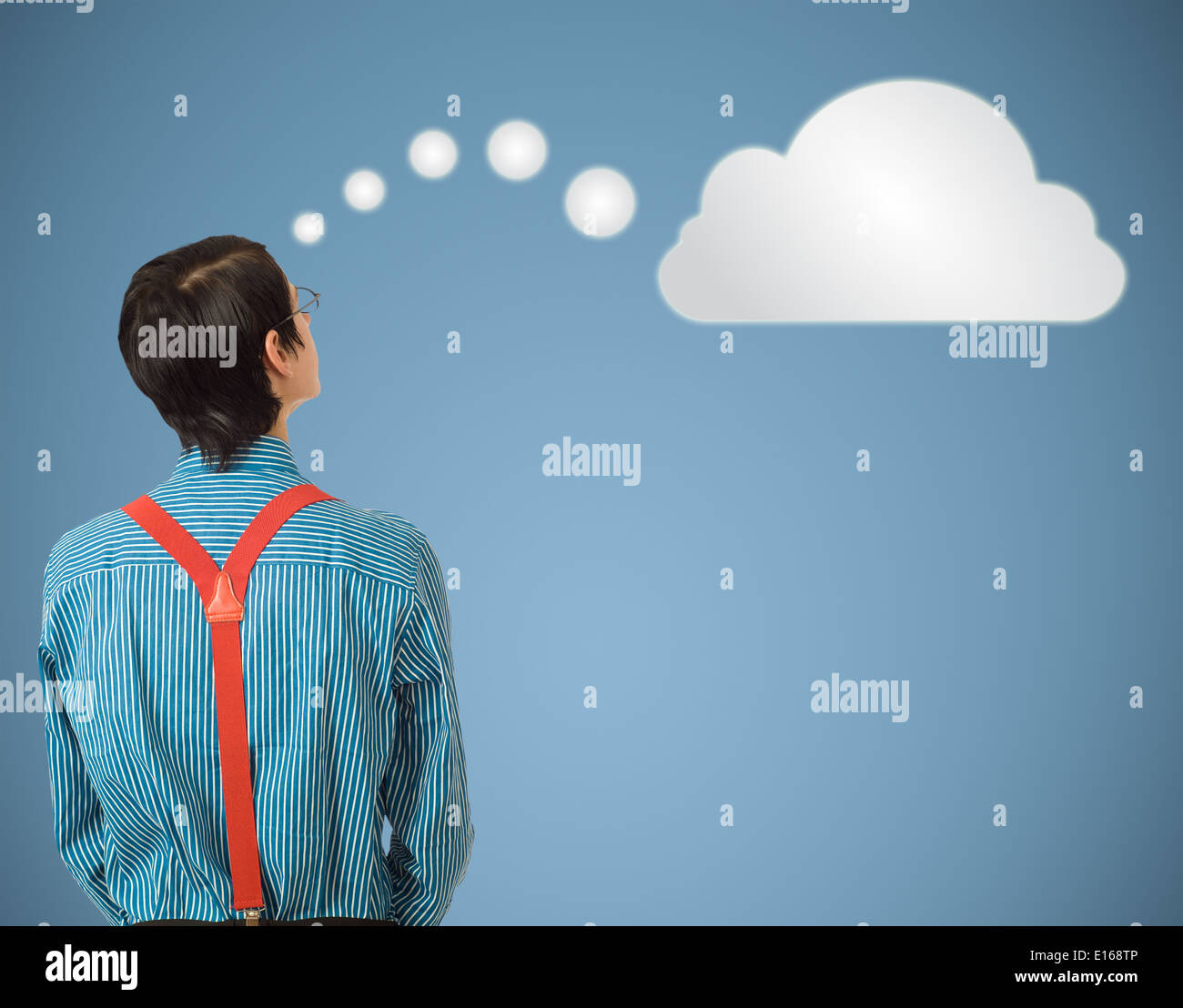 Nerd geek businessman student or teacher with thought thinking cloud or ...