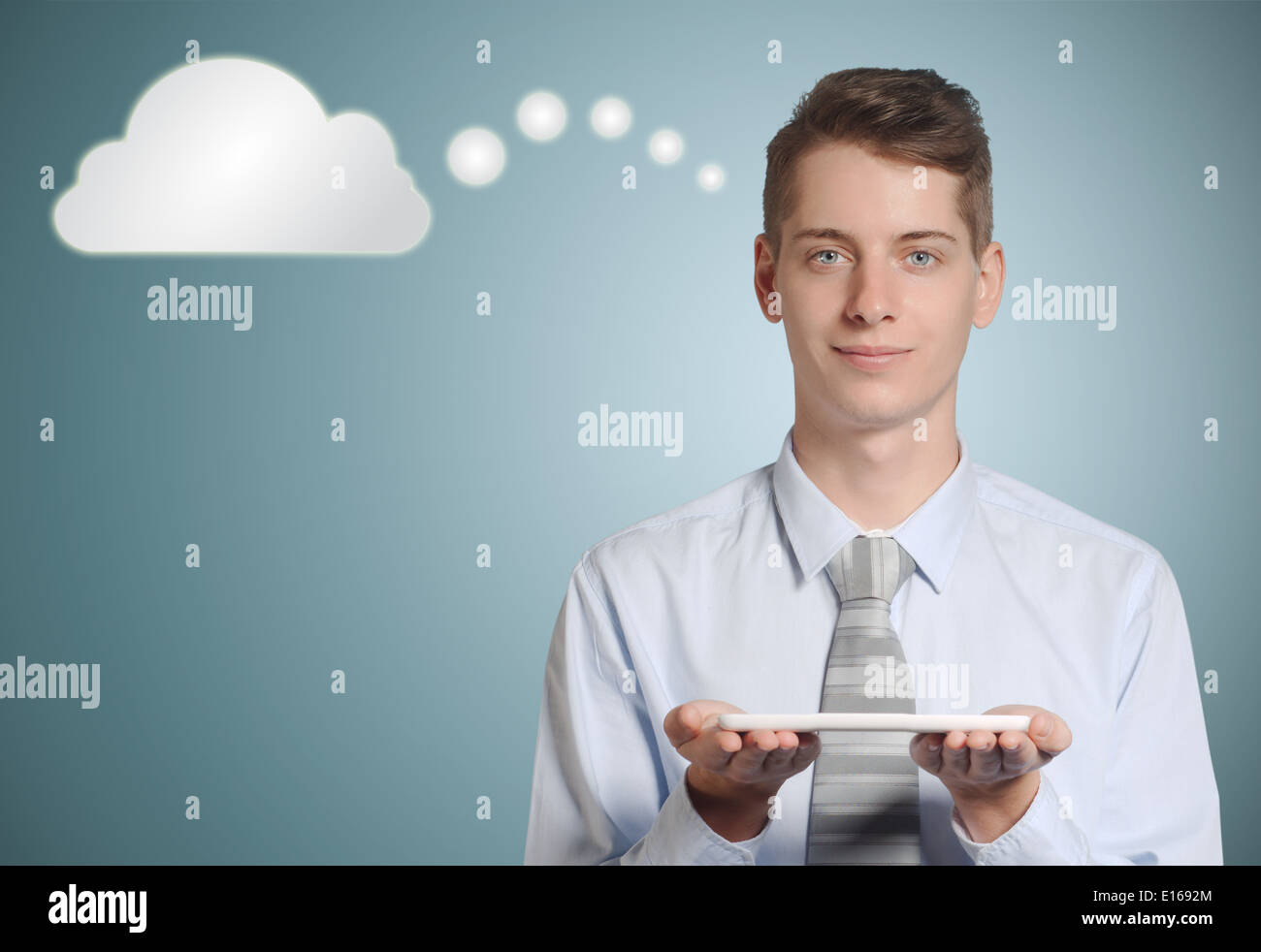 Businessman student or teacher with thought thinking cloud or computing ...