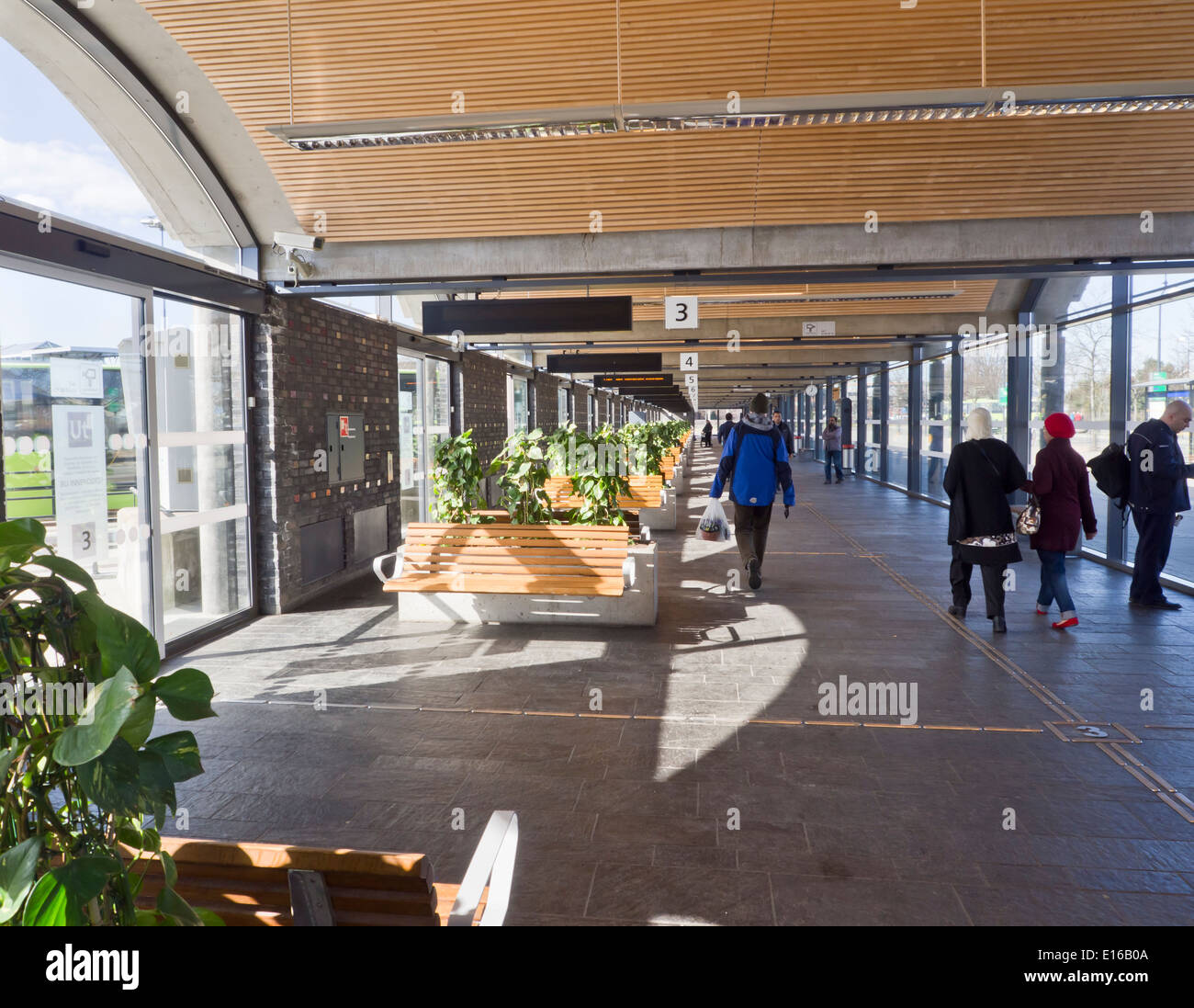 Light interior with wooden details, waiting hall, bus terminal interior ...