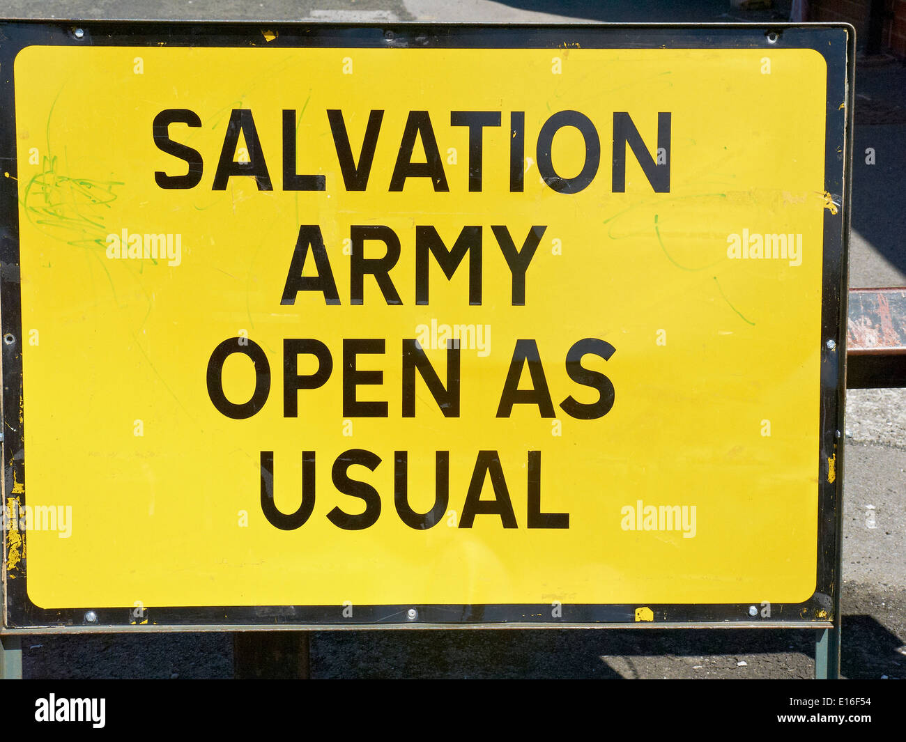 Salvation Army open as usual sign UK Stock Photo - Alamy