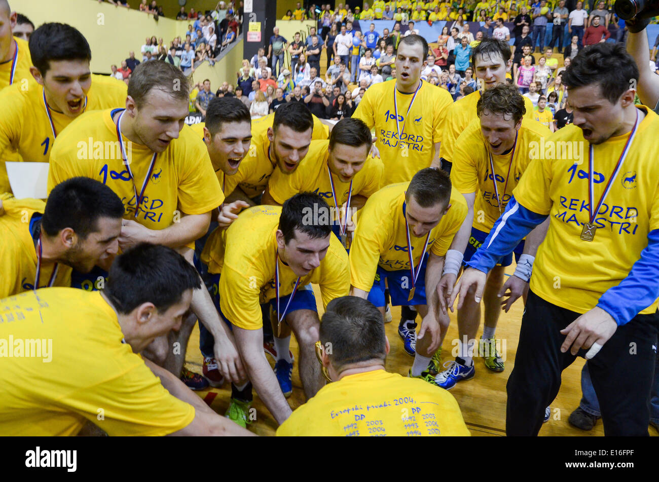 Team Celje celebrating their victory with the cup for their first place ...