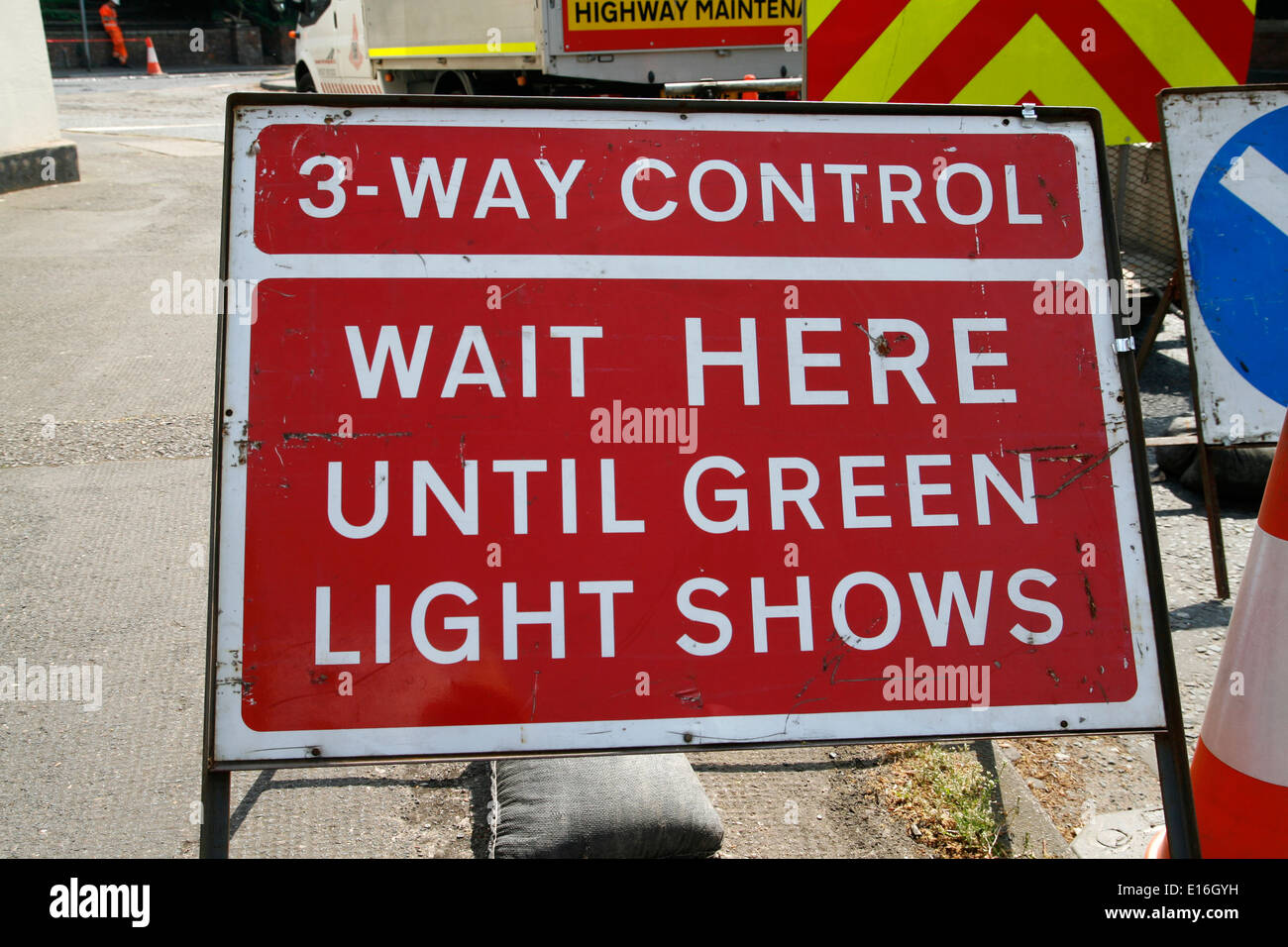 Road Works 3 Way Control sign Worcester Worcestershire England UK Stock ...