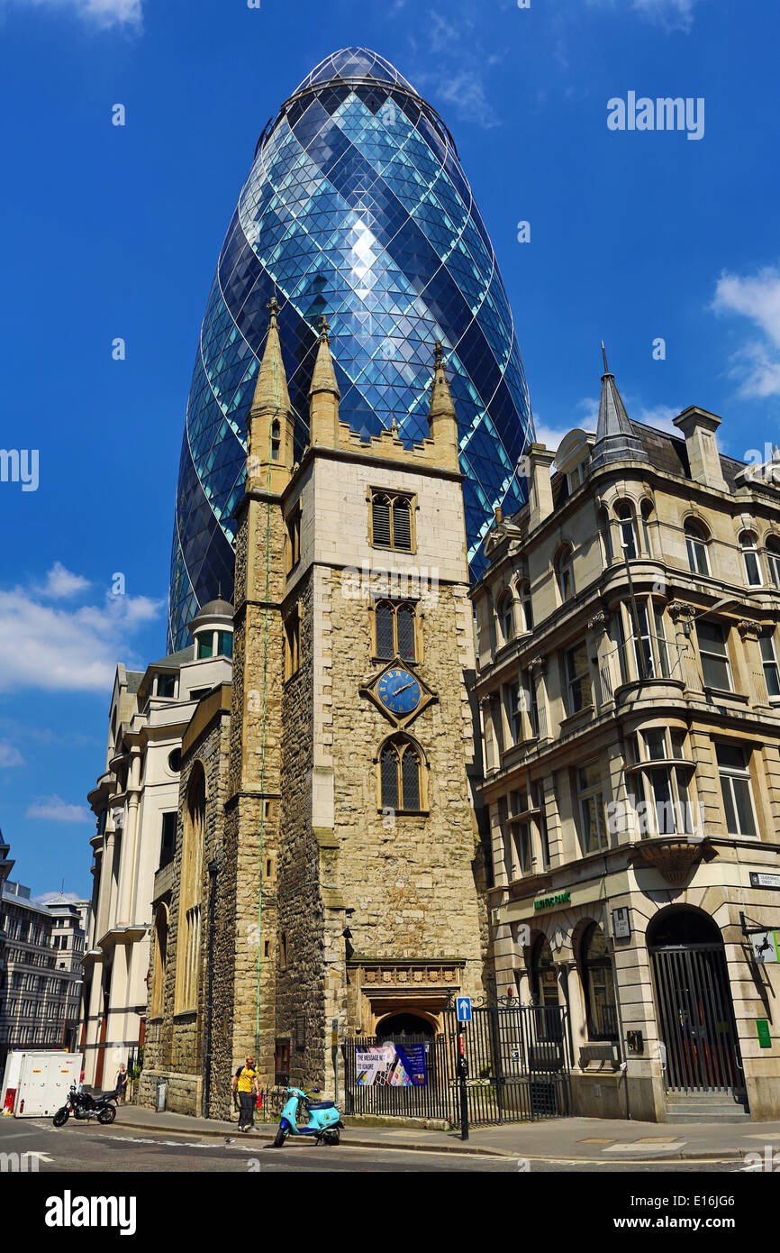 30 st mary axe building and st andrew undershaft church hi-res stock ...