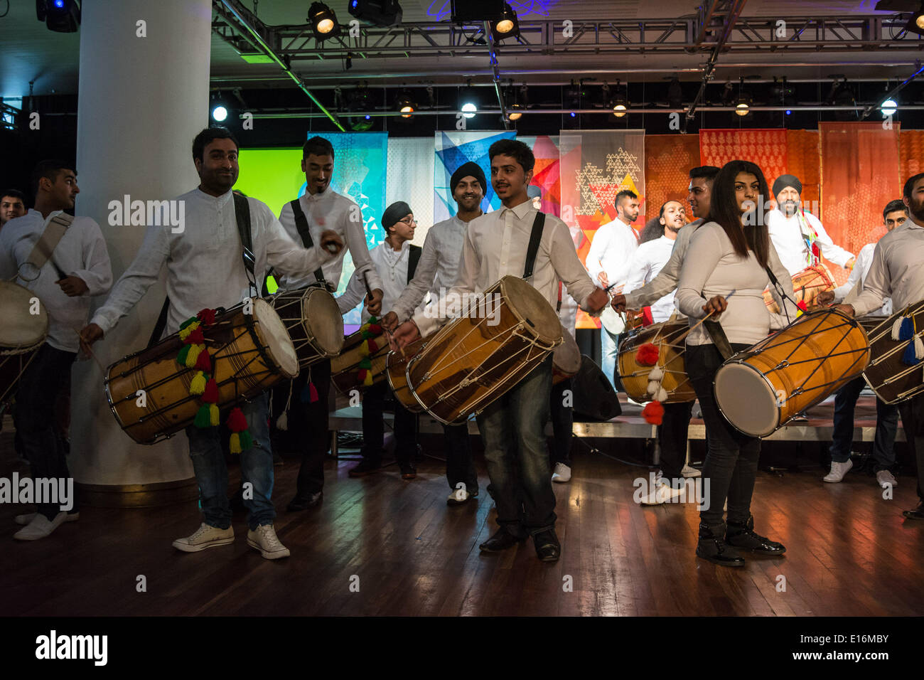 A band of Dhol drummers perform in the Royal Festival Hall as a part of ...
