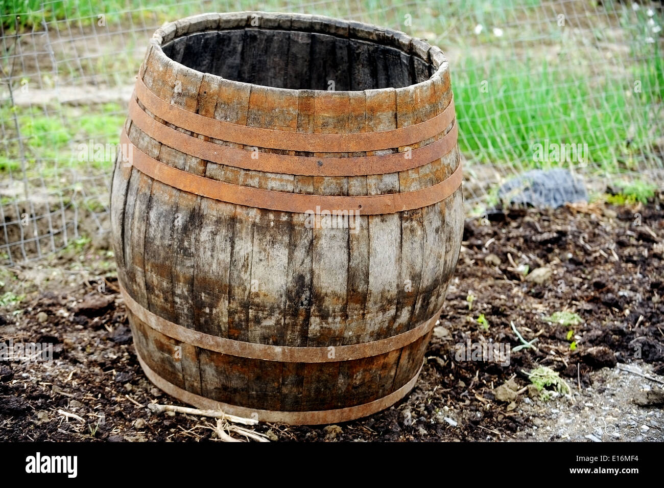 Detail with rusty and old wooden barrel Stock Photo - Alamy