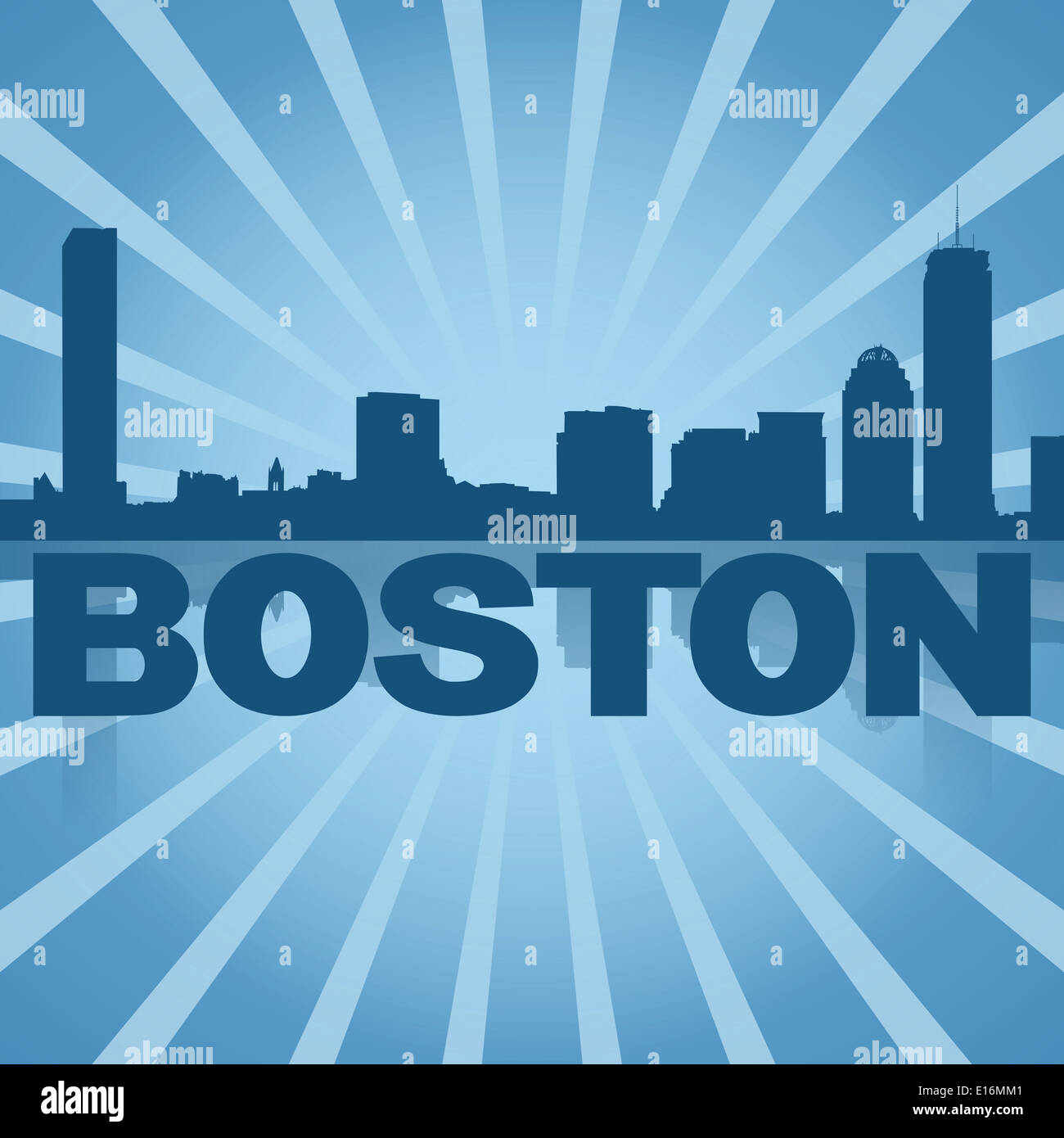 Boston skyline reflected with blue sunburst illustration Stock Photo ...