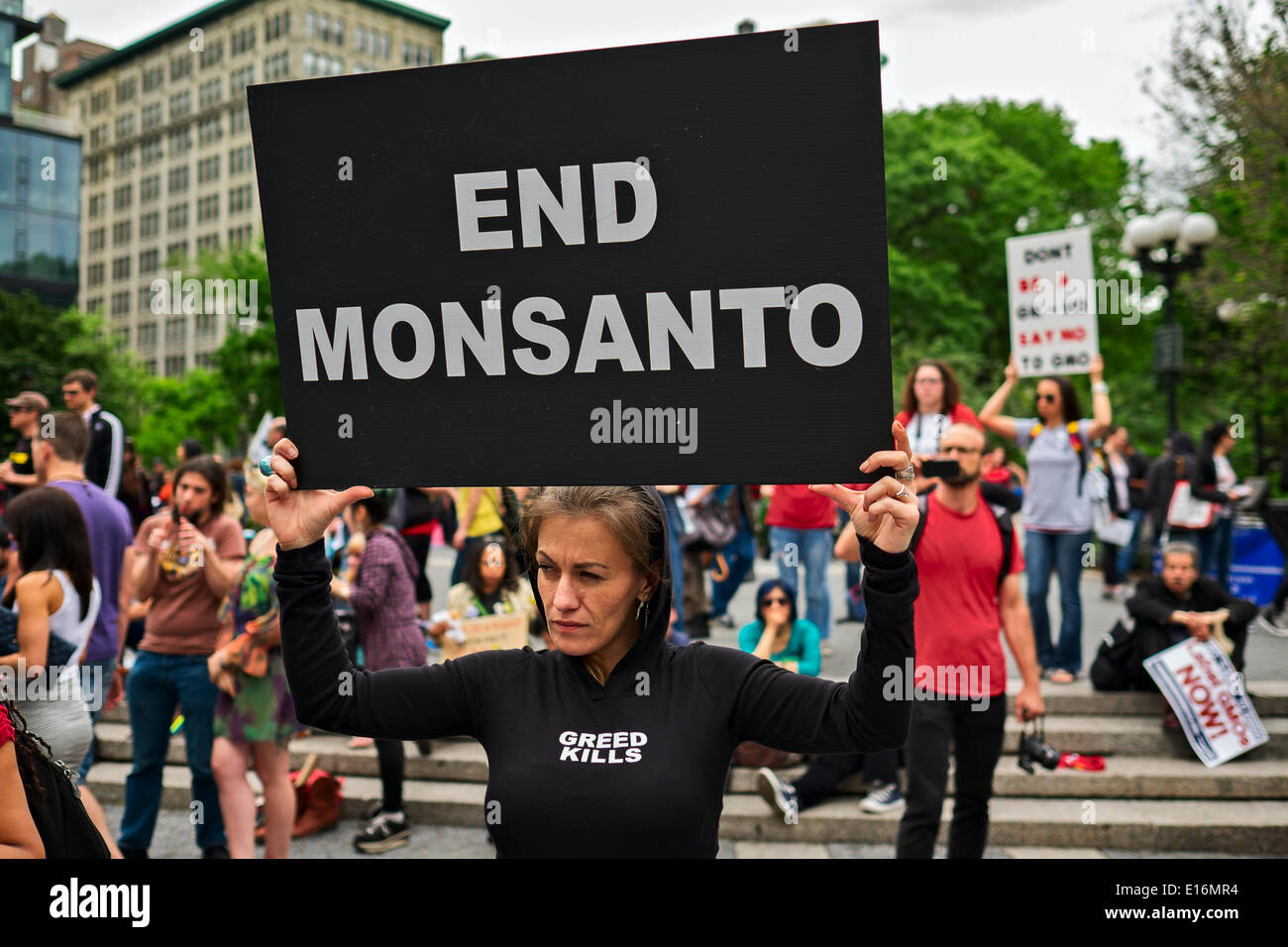New York, NY, US, May 24, 2014: Woman holding "End Monsanto" sign while ...
