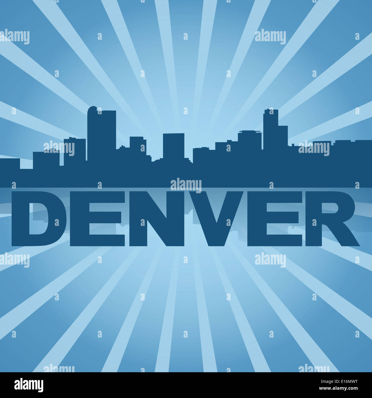 Denver skyline reflected with blue sunburst illustration Stock Photo ...