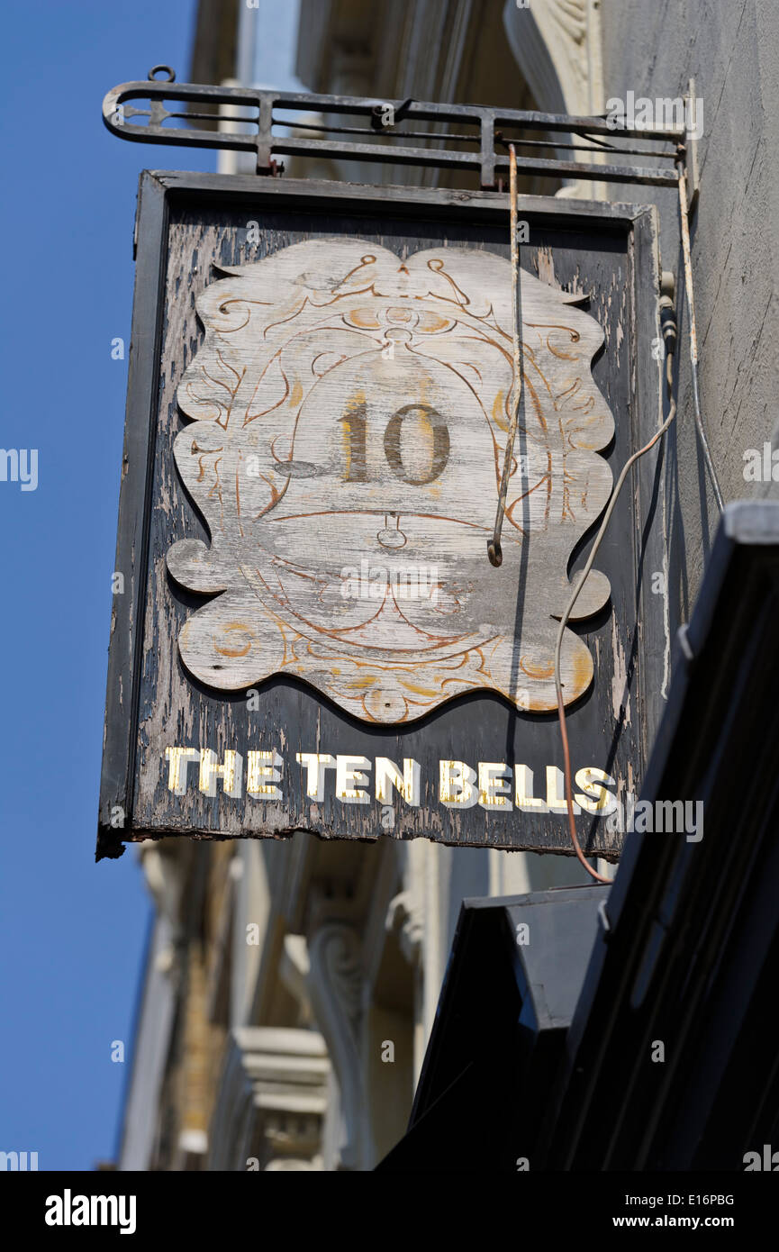 The wooden sign of The Ten Bells pub which is one of the oldest pubs in ...