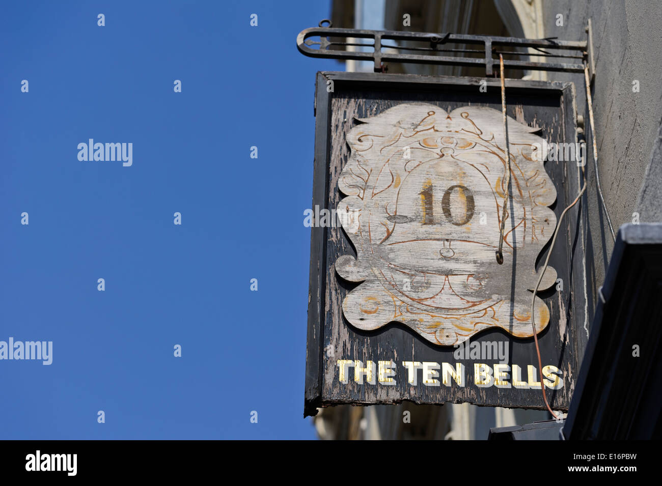 The wooden sign of The Ten Bells pub which is one of the oldest pubs in ...