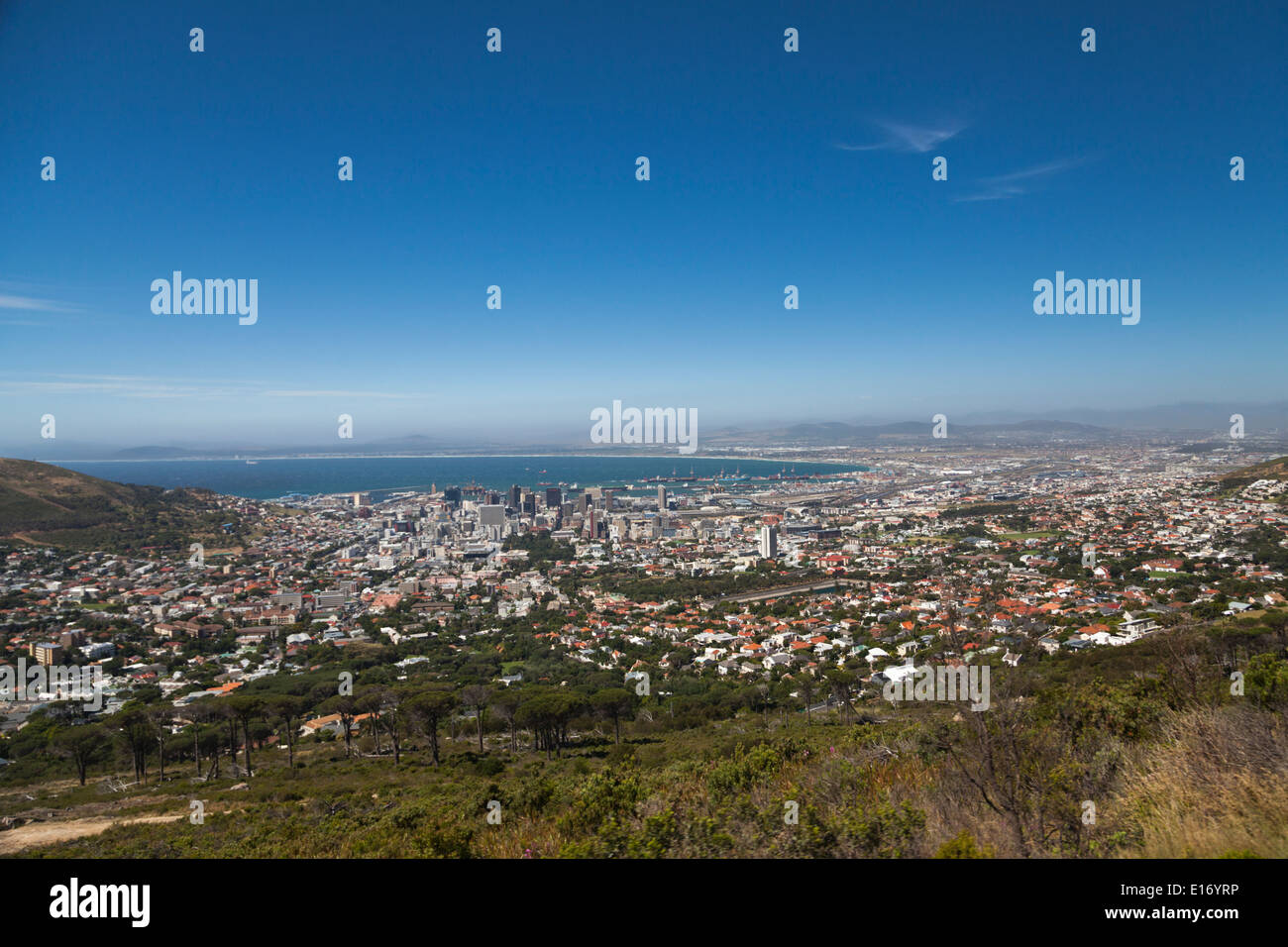 View from Cape Town cable car station over the city towards the ocean ...