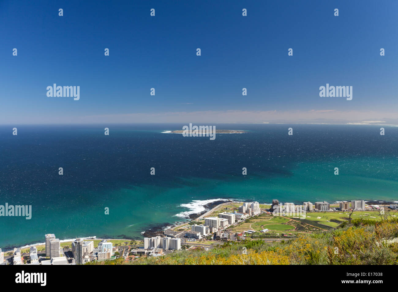 Aerial view of Robben Island in the distance, with Green Point and Sea ...
