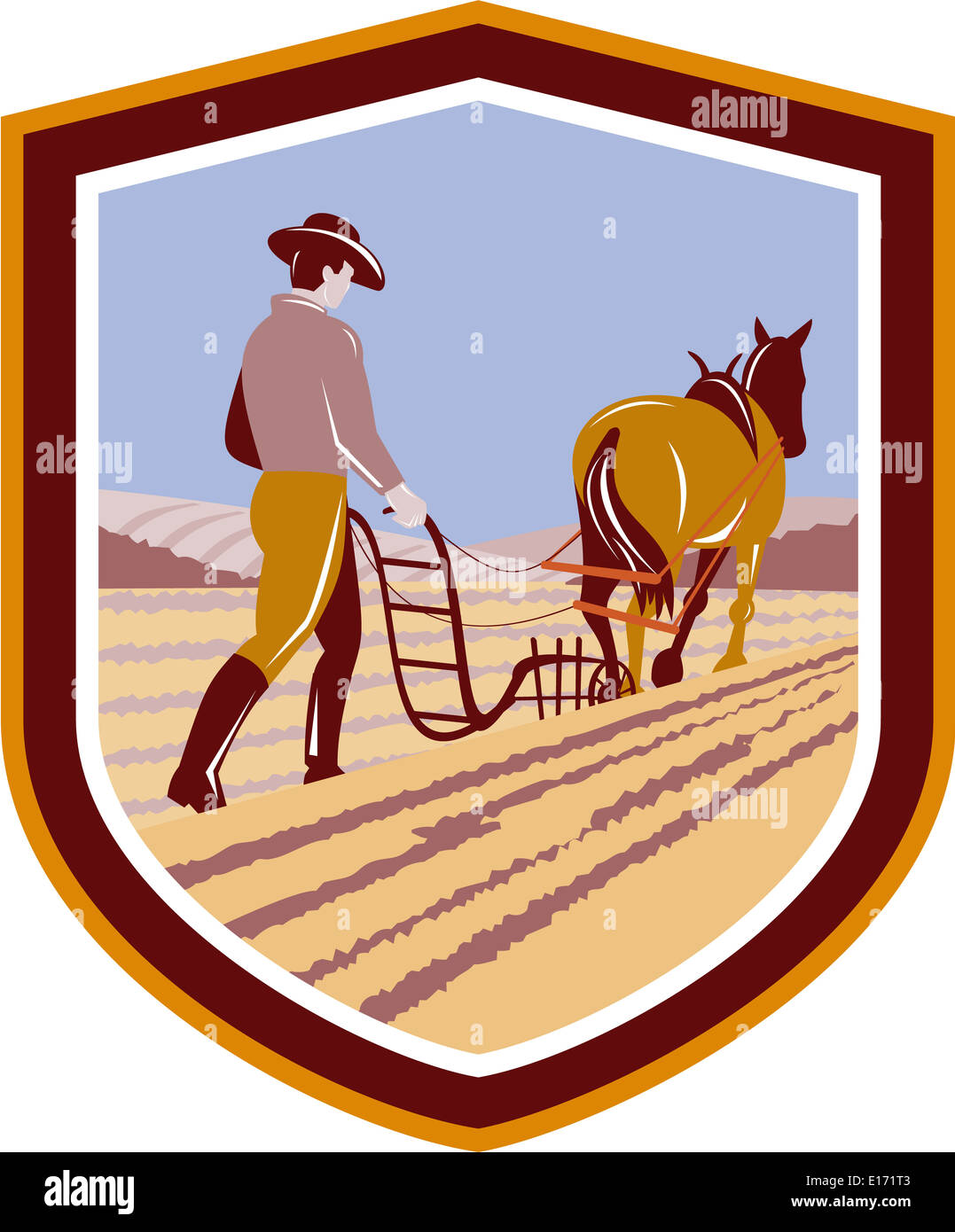 Illustration of farmer and horse plowing farm field viewed from back ...