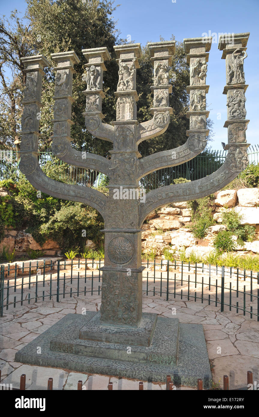Israel, Jerusalem, The Menorah sculpture by Benno Elkan at the entrance ...