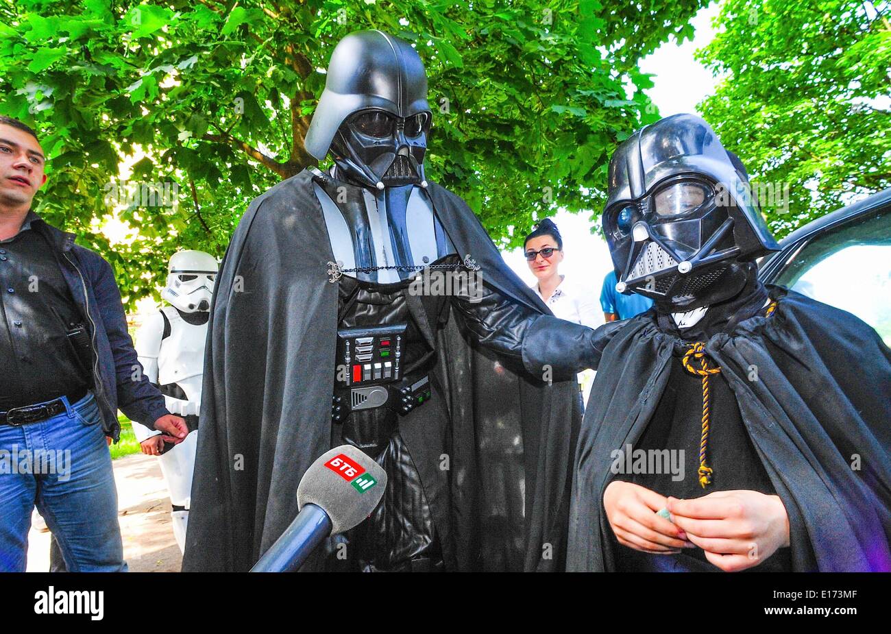Kiev, Ukraine. 25th May, 2014. Young Star Wars fan greets his hero ...
