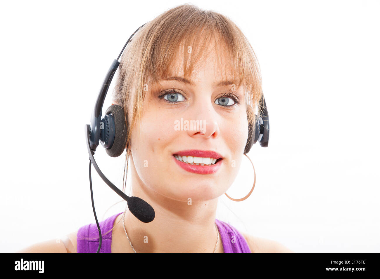 Call center operator businesswoman on white background Stock Photo - Alamy