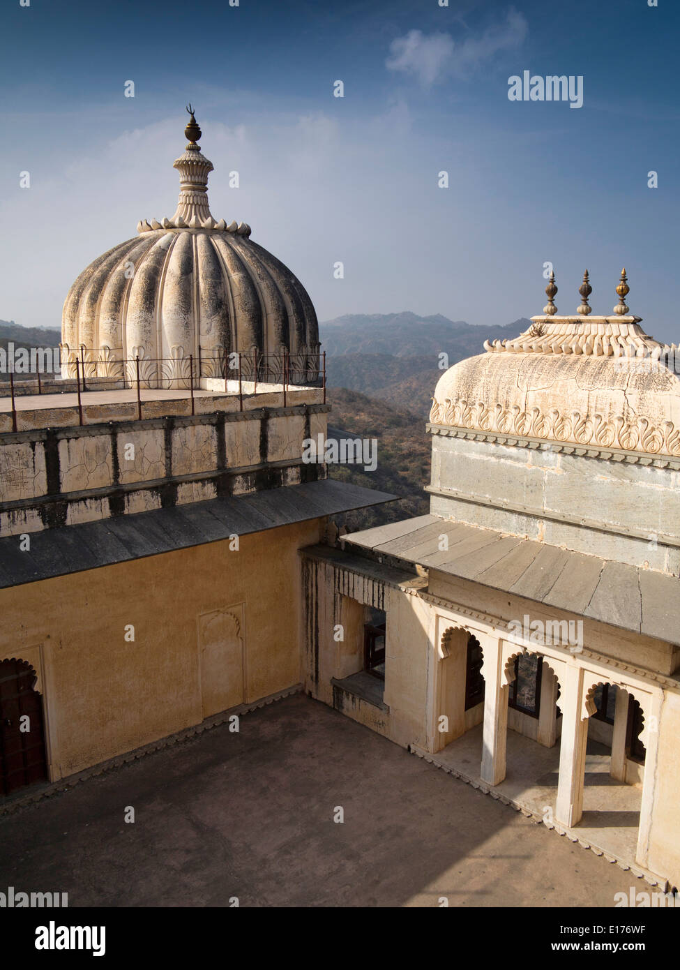 India, Rajasthan, Rajsamand, Kumbhalgarh Fort, domes of Bada Mahal from ...