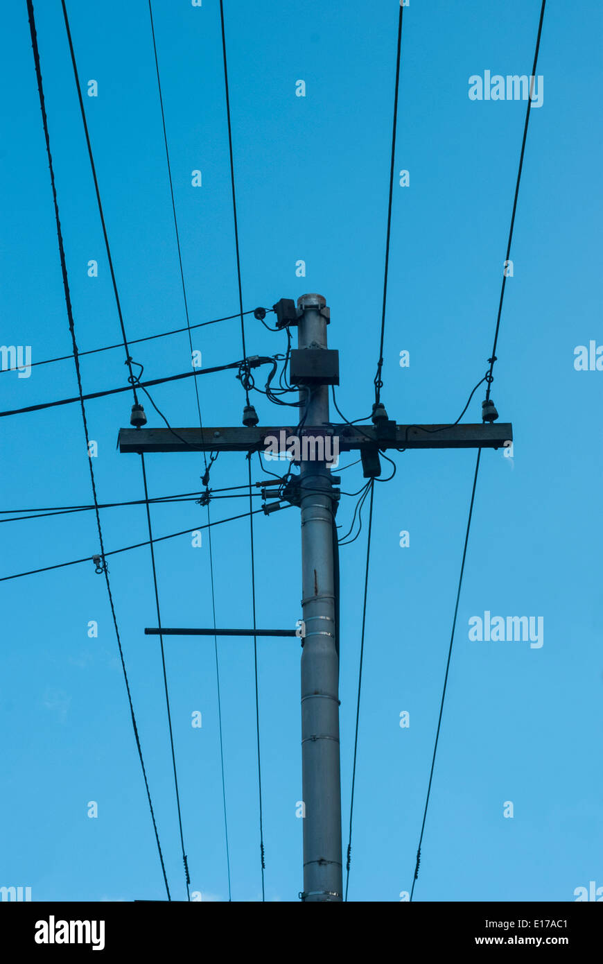 Power line and pole against blue sky Stock Photo - Alamy