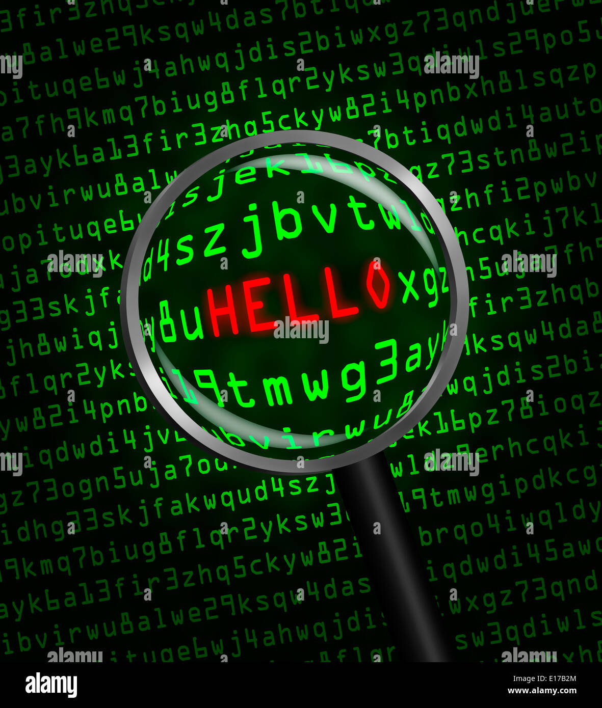 The word "HELLO" in red revealed in green computer machine code through ...