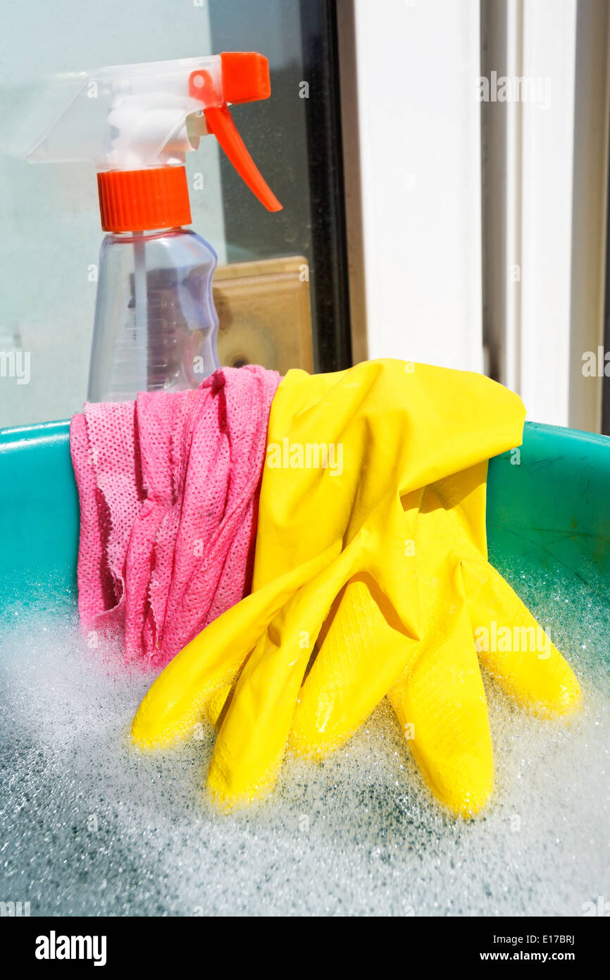 home window washer set - yellow rubber glove, wet rag, spray glass ...
