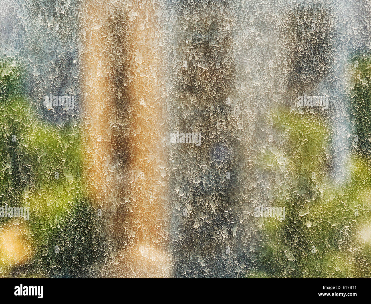 background from dirty home window glass with urban houses outside in ...