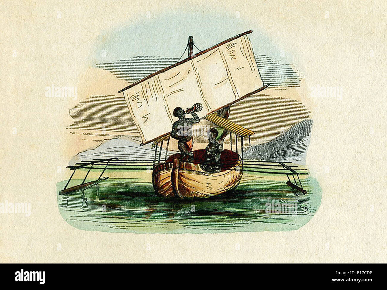 This 1843 illustration shows a Polynesian boat under sail, with one of ...