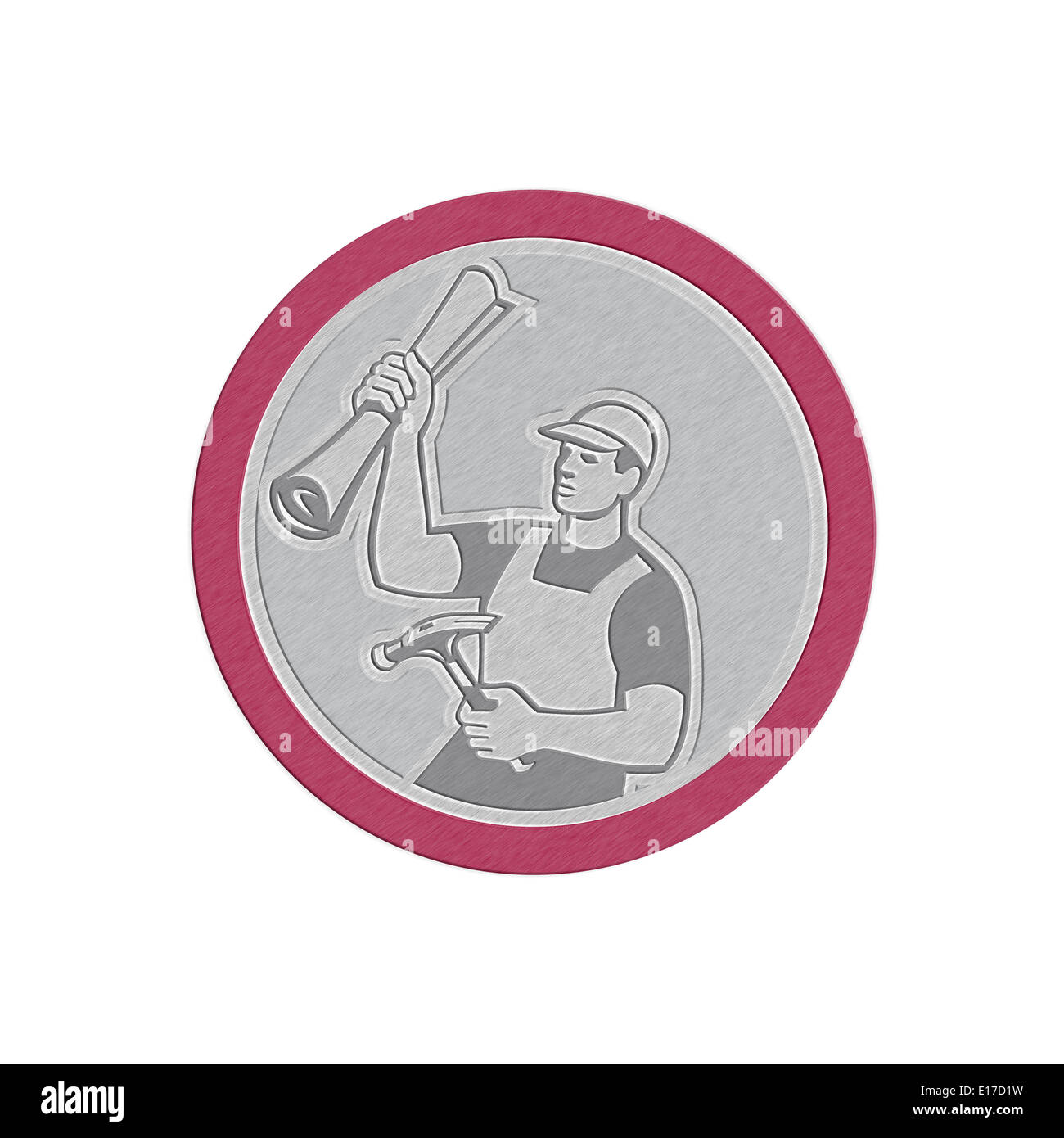 Metallic styled illustration of a carpenter builder holding hammer and ...