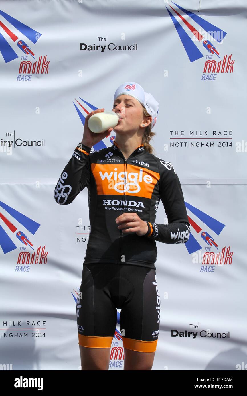 Nottingham, UK. 25th May 2014. Milk Race, runner up Laura Trott enjoys ...