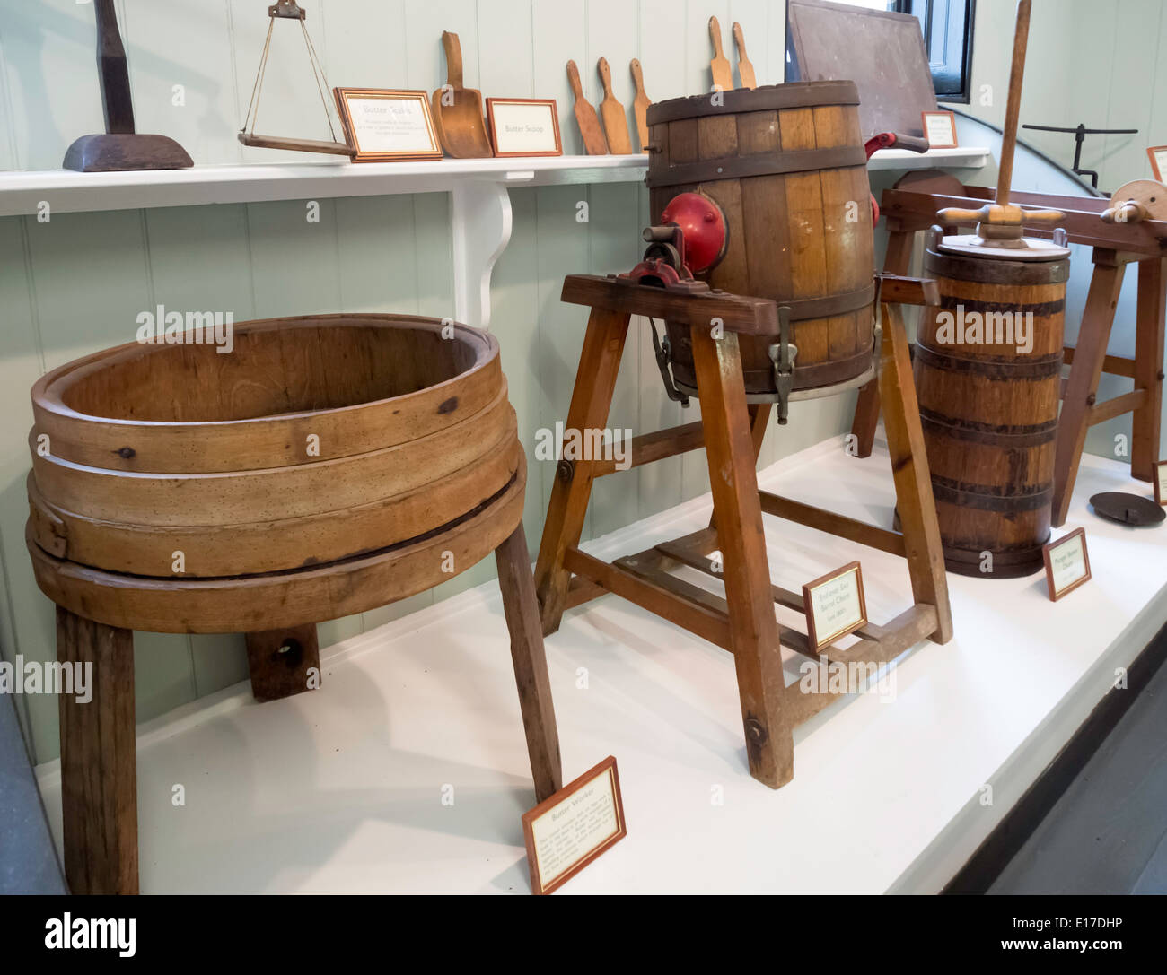 Exhibit of old fashioned butter making equipment at the Bygones Museum ...