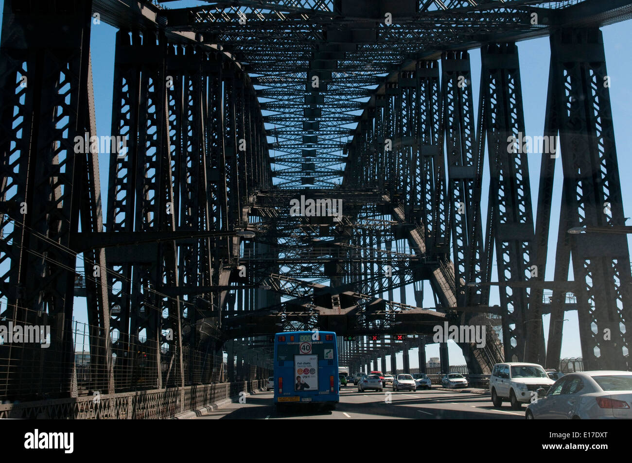 A drivers eye view of the Sydney Harbour Bridge, heading north out of ...