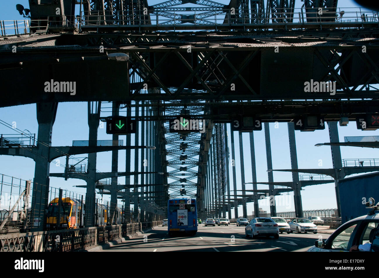A drivers eye view of the Sydney Harbour Bridge, heading north out of ...