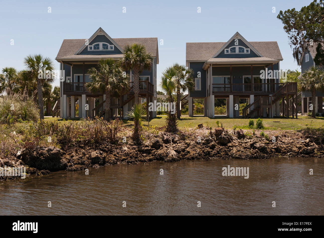 Houses sitting on Stilts pilings in Crystal River, Florida Stock Photo ...