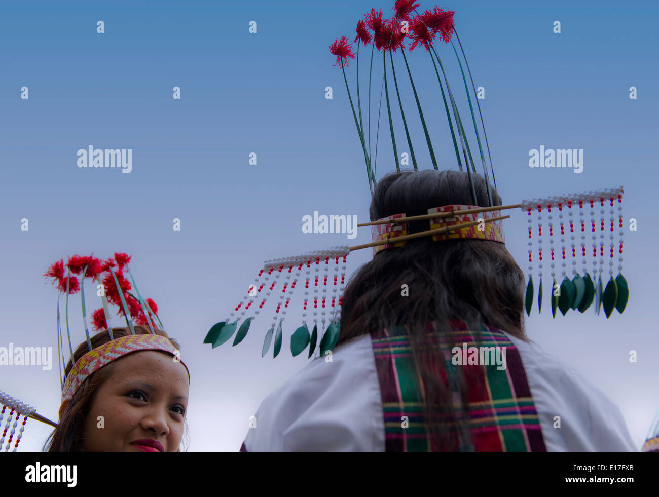 Portrait of Mizo tribe people at the Chapchar Kut festival wearing traditional costume for the ...