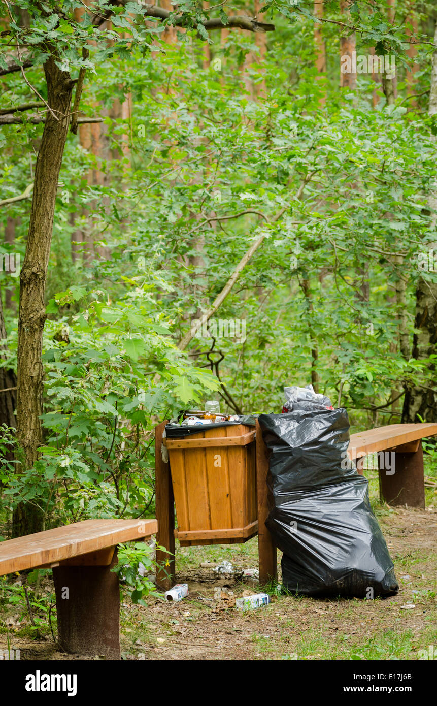 trash can along walking path in forest Stock Photo - Alamy