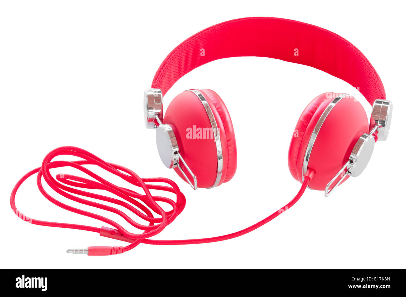 Vibrant red wired headphones isolated on white background Stock Photo ...