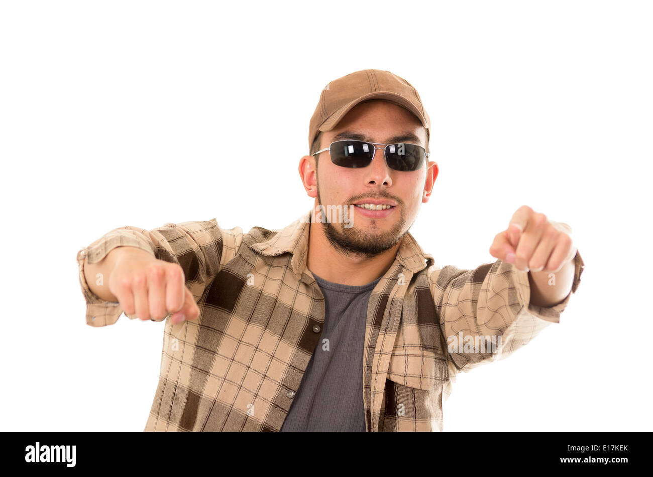 man posing as driving car pointing Stock Photo - Alamy