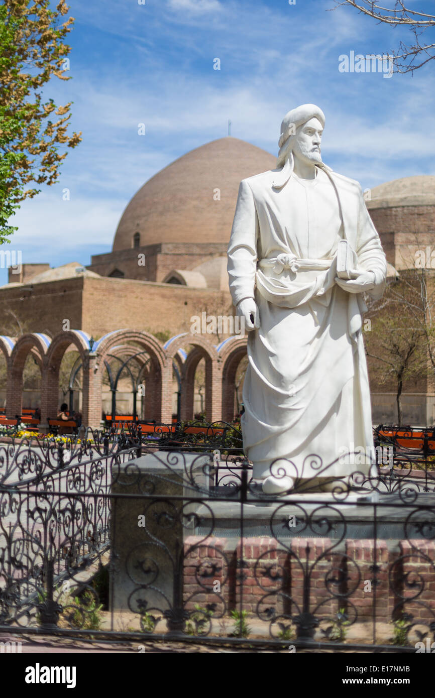 The white statue of an Iranian poet, Khaqani, outside the blue mosque ...